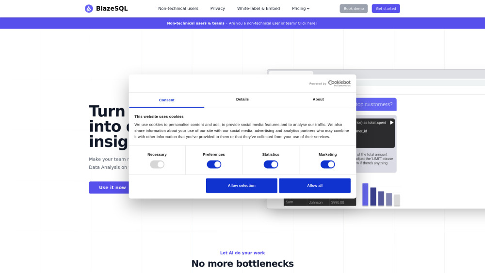 Blazesql Blazesql는 코드를 작성할 필요 없이 Sql 데이터베이스에서 데이터 통찰력을 얻을 수 있는 도구입니다 Sql 데이터베이스에 Ai 챗봇을 연결하여