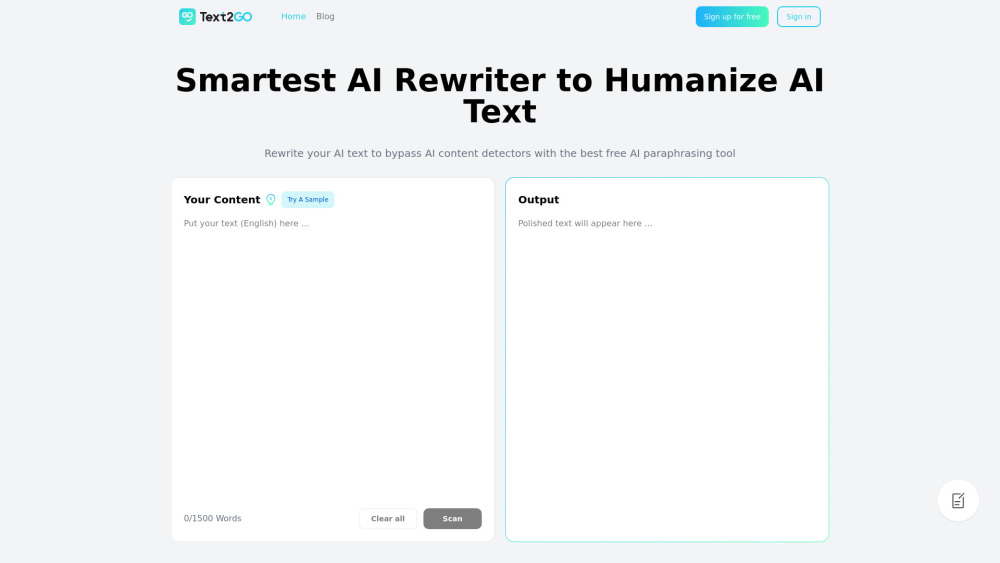 Text2Go: AI rewrite tool to polish text and humanize AI content.