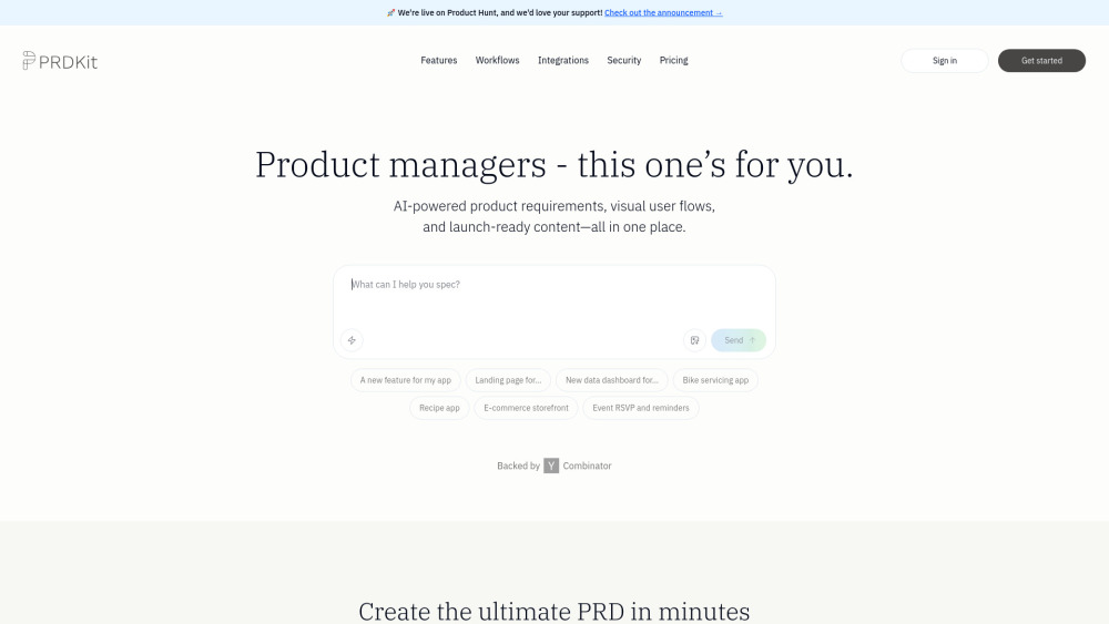 PRDKit: AI-powered tool for generating product specs, wireframes, user flows, and launch content.