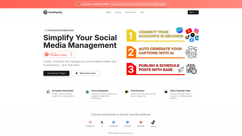 PostPlanify: AI-powered social media management tool for scheduling, content, and publishing.
