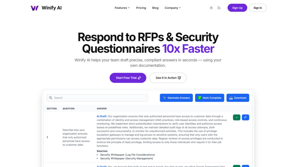 Winify AI: AI platform automating security questionnaire and RFP responses.