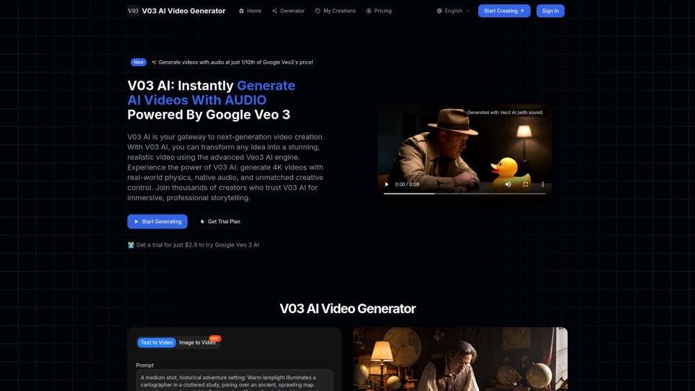 V03AI: V03 AI: Google Veo 3 powered AI video generator for realistic videos with audio.