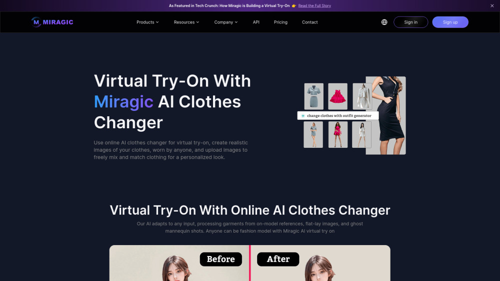 Miragic Virtual Try-on Clothes: AI平台，用于虚拟试衣、换衣和内容创作。